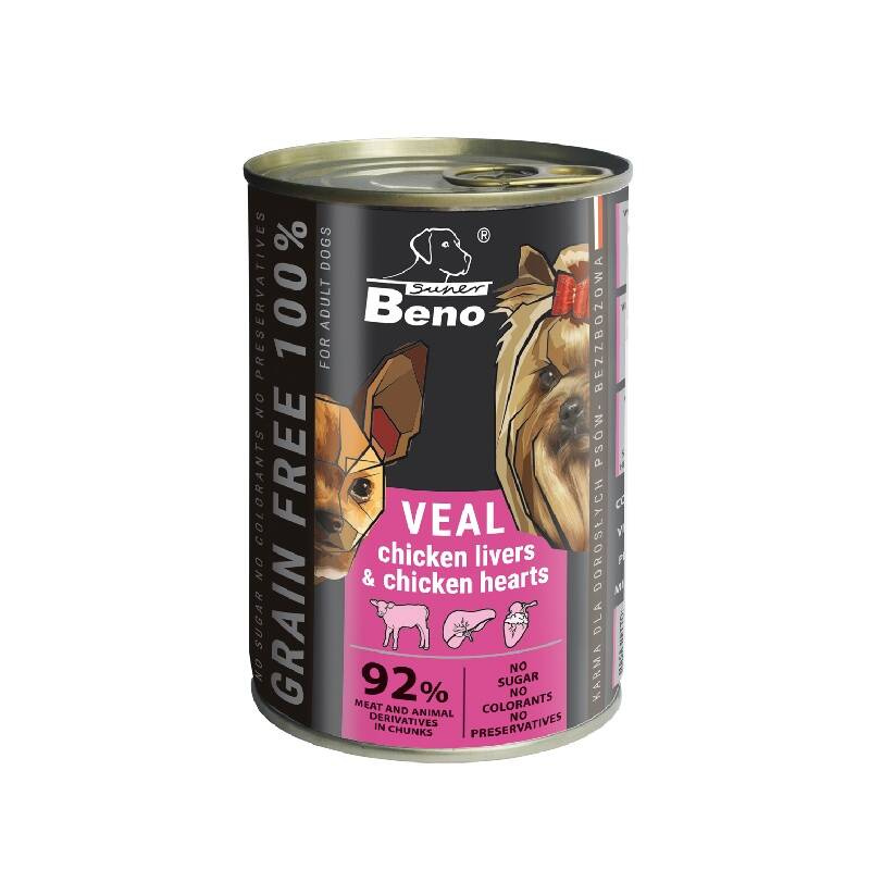 Super Beno Mokra karma dla psa bezzbożowe kąski z cielęciną, wątróbką drobiową i sercami ...